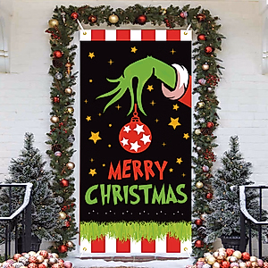 Merry Christmas Door Cover Banner Decorations Green Black Funny Christmas Hanging Banner Porch Sign Merry Christmas Porch Sign for Indoor Outside Front Door Party Decorations Supplies