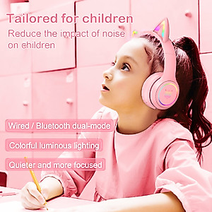 SIMGAL Bluetooth Cat Ear Headphones for Kids, Wireless & Wired Mode Foldable Headset with Mic, RGB LED Light, for Girls School Gaming, Compatible with Mobile Phones PC Tablet