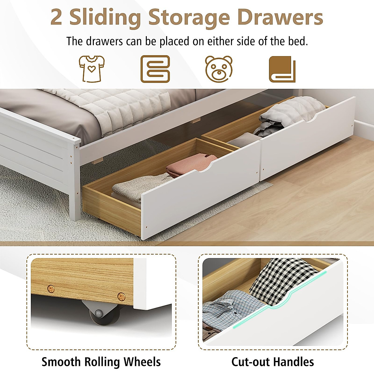 KOMFOTT Full Size Wood Bed Frame with 2 Storage Drawers, Mid Century Platform Bed Frame with Headboard, Sturdy Wooden Slats Support, Modern Mattress Foundation, No Box Spring Required, Easy Assembly