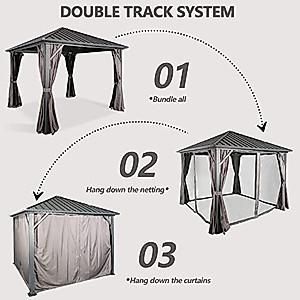 Ulax Furniture Outdoor Hardtop Gazebo Patio Aluminum Permanent Pergola with Galvanized Steel Roof, Mosquito Net and Privacy Curtain (10' x 10')