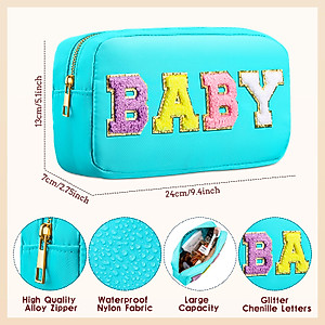 Sanwuta 2 Pieces Nylon Cosmetic Bag Chenille Letter Makeup Bag Pouch Zipper Travel Toiletries Pouch Preppy Patch Cosmetic Travel Toiletry Bag for Women and Girls (Baby and Mama, Pink, Blue)