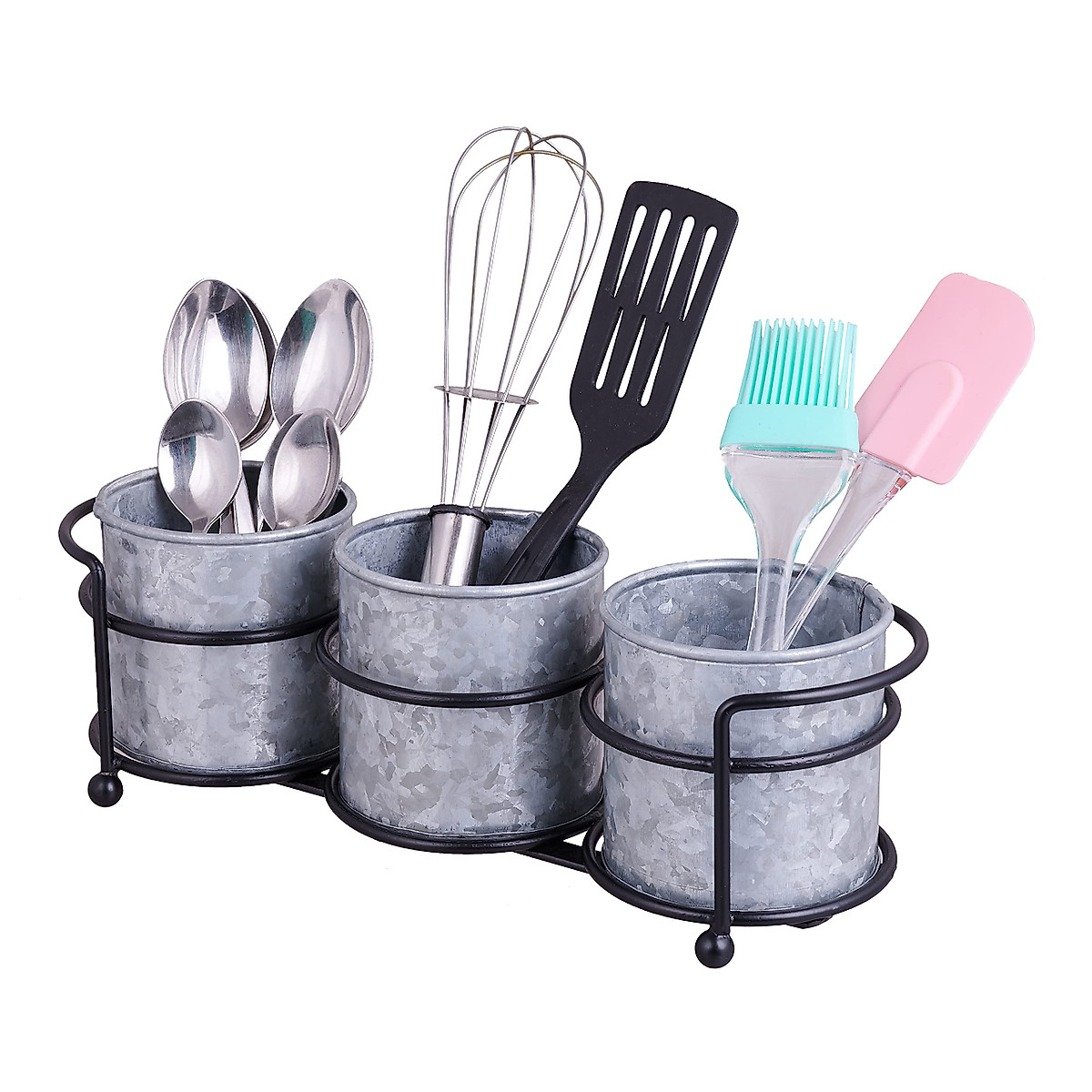 Metal Flatware, Cutlery, Kitchen Utensil & Silverware Caddy Organizer Bin Holder for Forks, Spoons, Knives - Galvanized Caddy Storage Set of 3 Buckets - Perfect Kitchen Countertop for Kitchen Decor