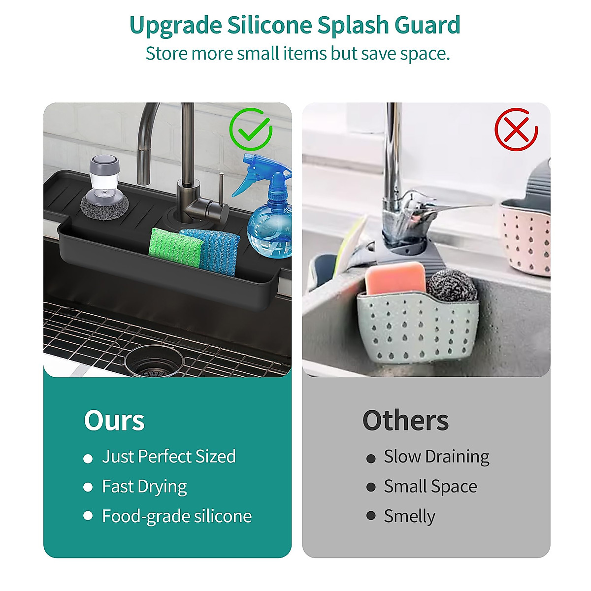 Silicone Faucet Splash Guard Kitchen Sink Splash Guard Upgraded Faucet Water Catcher Tray - 15.75” x 5.5''x2” - Sink Sponge Holder for Kitchen, Bathroom(Black)