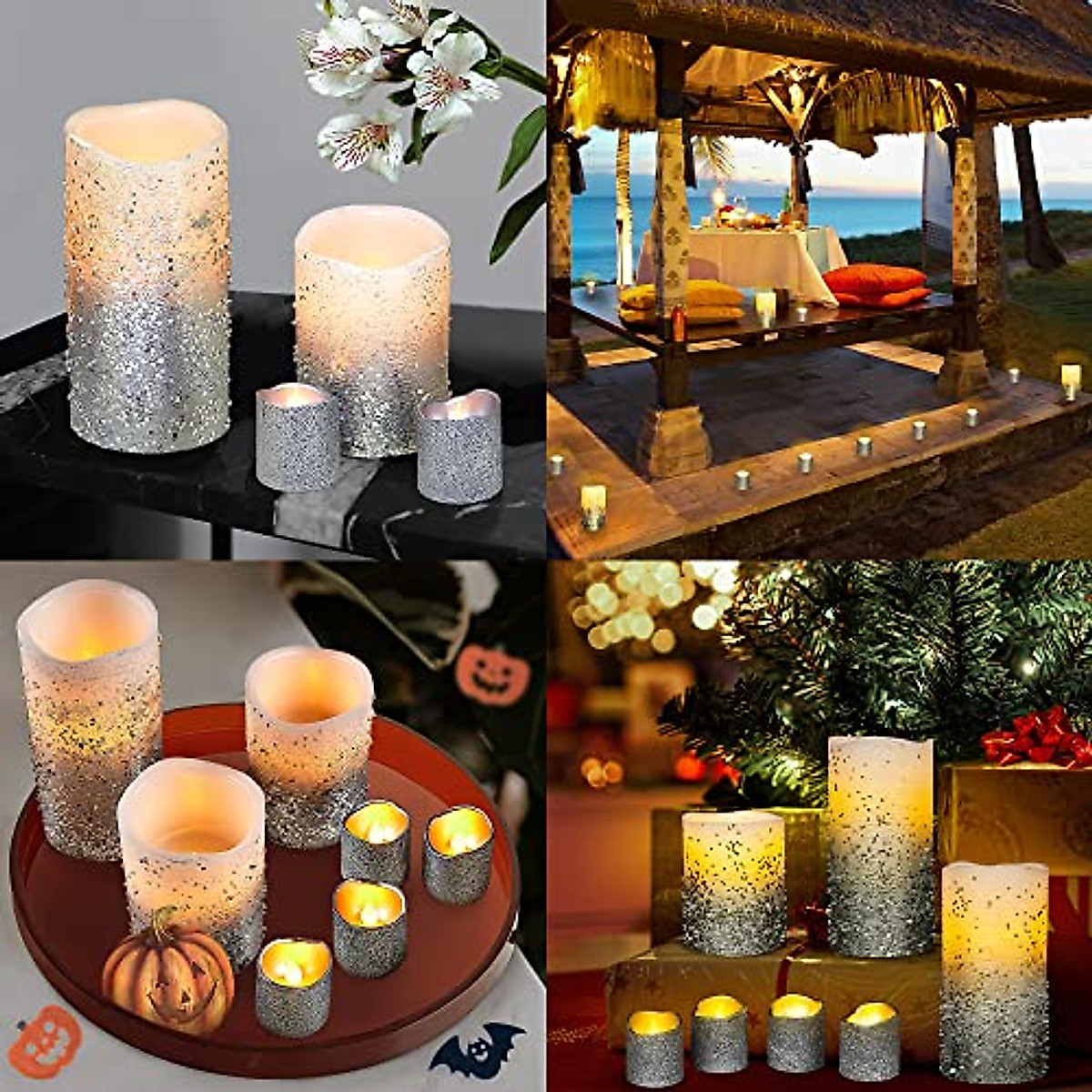 Furora LIGHTING LED Flameless Candles with Remote – Battery-Operated Flameless Candles Bulk Set of 8 Fake Candles – Small Flameless Candles & Christmas Centerpieces for Tables, Silver Glittery