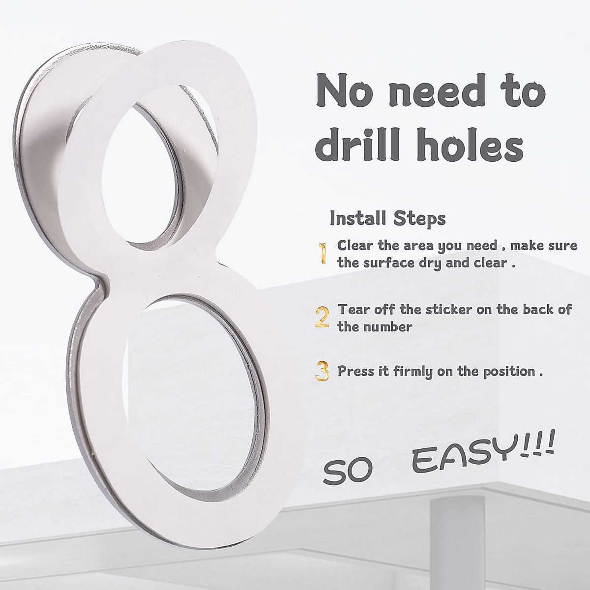 3 Inch House Numbers Sticker Stainless Steel, Self-Stick Metal Address Number White Sign 3(#3)