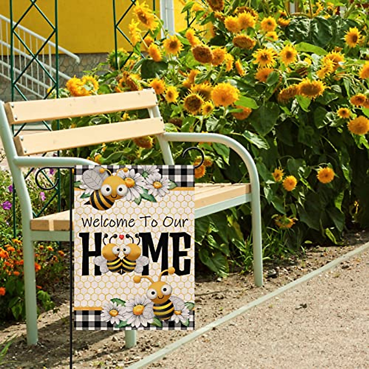 Furiaz Welcome to Our Home Bee Spring Summer Decorative Garden Flag, Daisy Yard Buffalo Plaid Check Home Outside Decorations, Flower Farmhouse Burlap Outdoor Small Decor Double Sided 12×18