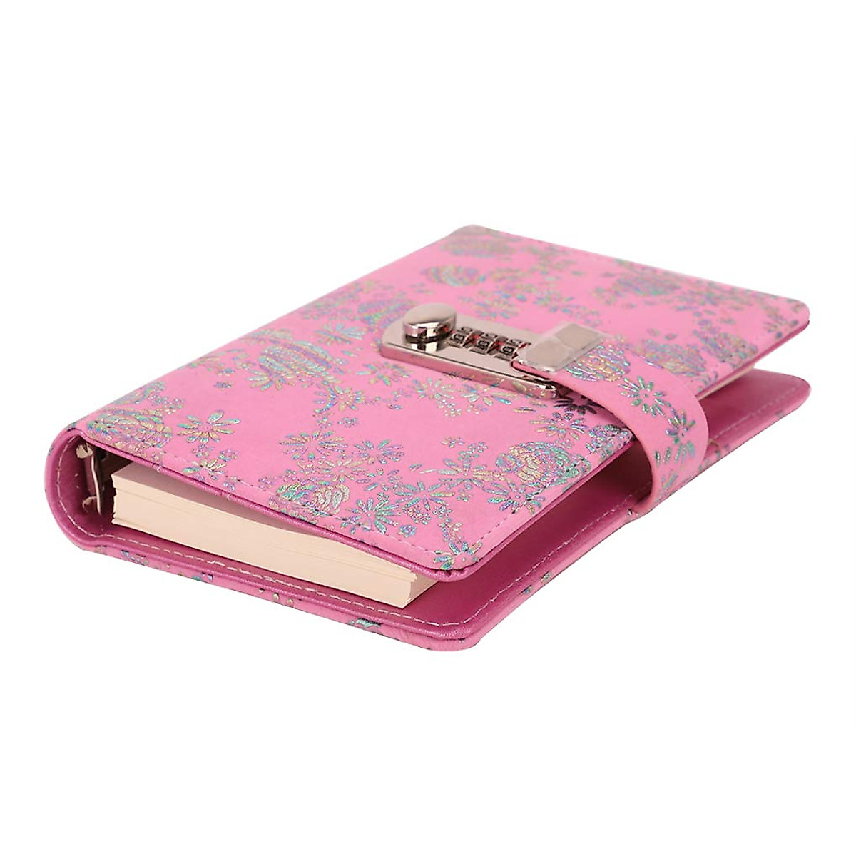 Rose Print PU Leather Journal with Combination Lock Digital Password Journal with Bookmark Pen Loop Retro Privacy Notebook Writing Travel Diary Locking Journal