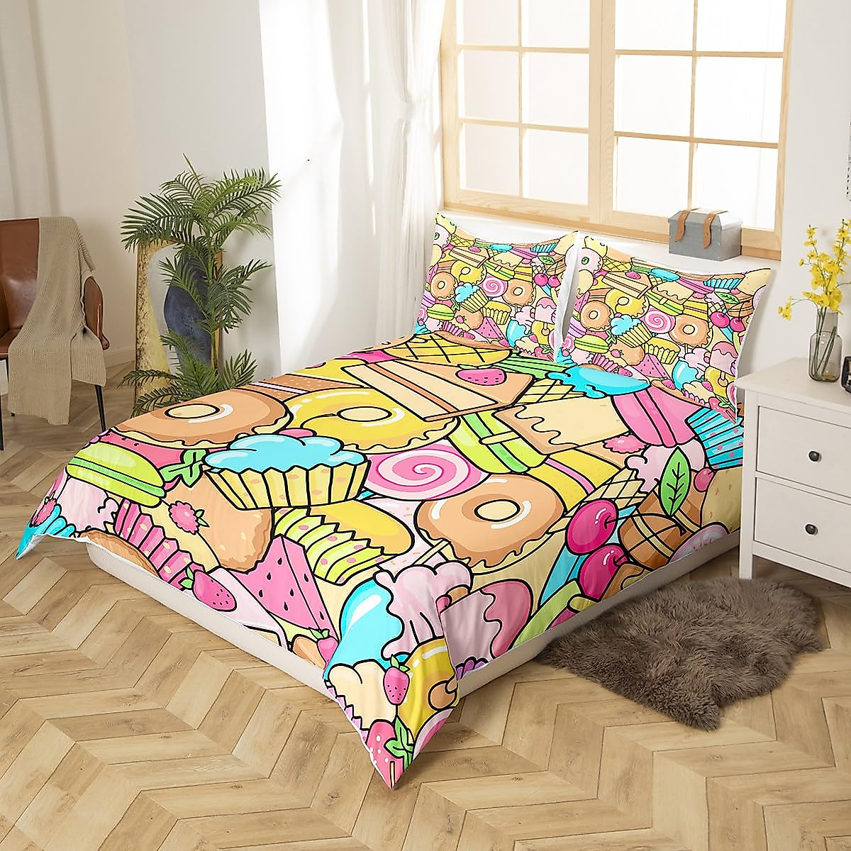 Feelyou Cartoon Ice Cream Duvet Cover Donut Cupcake Bedding Set for Kids Boys Girls Delicious Desert Comforter Cover Girls Sweets Bed Set 1 Duvet Cover with 1 Pillowcase Twin Size (No Comforter)
