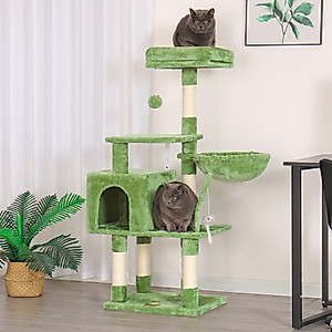 Heybly Cat Tree with Toy, Cat Tower condo for Indoor Cats, Cat House with Padded Plush Perch, Cozy Hammock and Sisal Scratching Posts, Green HCT004GR