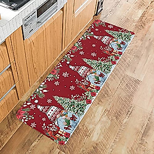 Libaoge Kitchen Mat Rug 1 PCS Christmas Gnome Xmas Tree Flowers Red Background Runner Rug Anti-Fatigue Comfort Memory Foam Standing Mat Non-Slip Floor Door Mat for Bathroom Bedroom 20x63in