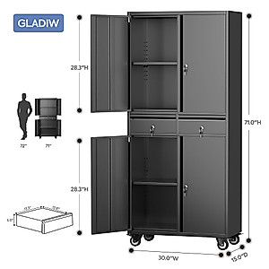 GLADIW Garage Storage Cabinet with Wheels, Metal Garage Storage Cabinet with 2 Drawers and 2 Adjustable Shelves for Homes, Offices, Kitchens, Schools and Pantries