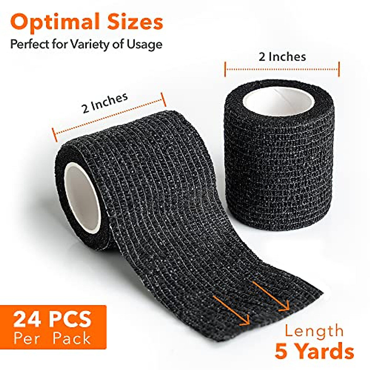 WECAREZ Self Adhesive Bandage Wrap 2 inch x 5 Yards - 24 PCS Black Latex Free Non-Woven Coban Wrap - Elastic Cohesive Bandage for Sports, Wrist and Ankle - Vet Wrap for Dogs and Horses
