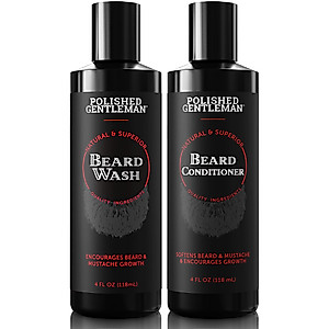 Polished Gentleman Beard Wash and Conditioner Set - Softens and Strengthens - Beard Shampoo with Growth Oil - Moisturizer & Beard Thickener - Tea Tree Unscented - Paraben-Free & Sulfate-Free (4oz)