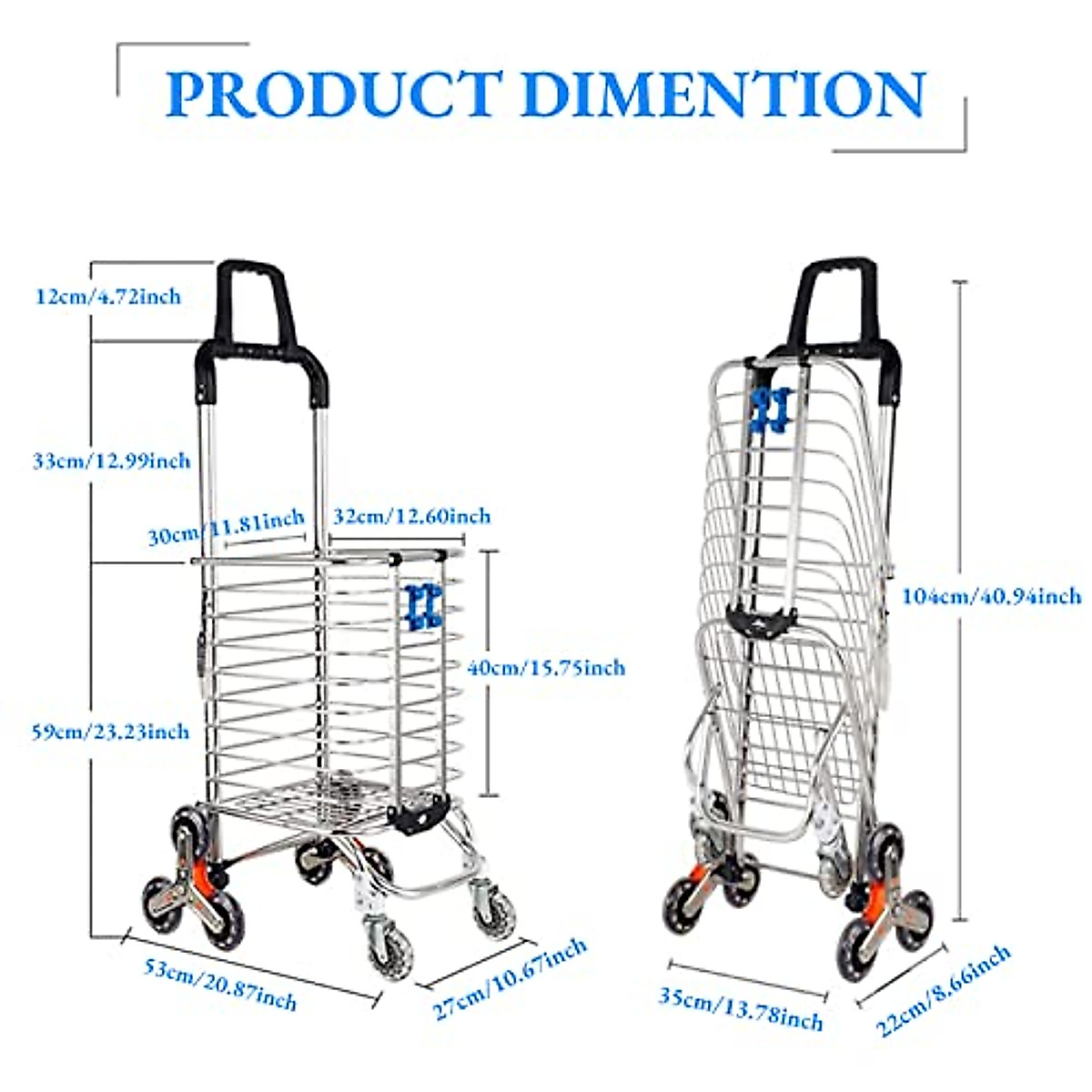 Folding Shopping Cart, Grocery cart on Wheels 35L 110lbs Large Capacity Stair Climbing Trolley w/8 Wheels & Removable Waterproof Oxford Bag Utility Cart (Blue)