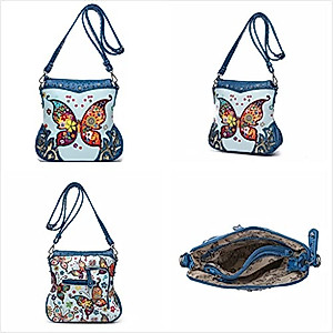 Butterfly Floral Western Purse Country Handbag Women Shoulder Bag Crossbody Wallet Card Holder 4 PCS Set (#2 Blue)