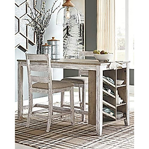 Signature Design by Ashley Skempton Farmhouse 36" Counter Height Dining Table with Storage & Wine Rack, Whitewash & Skempton 24" Counter Height Upholstered Barstool, Set of 2, Antique White