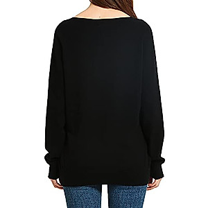 Kallspin Women's 100% Cotton Sweater Pullover Relaxed Fit V Neck Long Sleeve Fashion Knitted Jumper (Black,Medium)