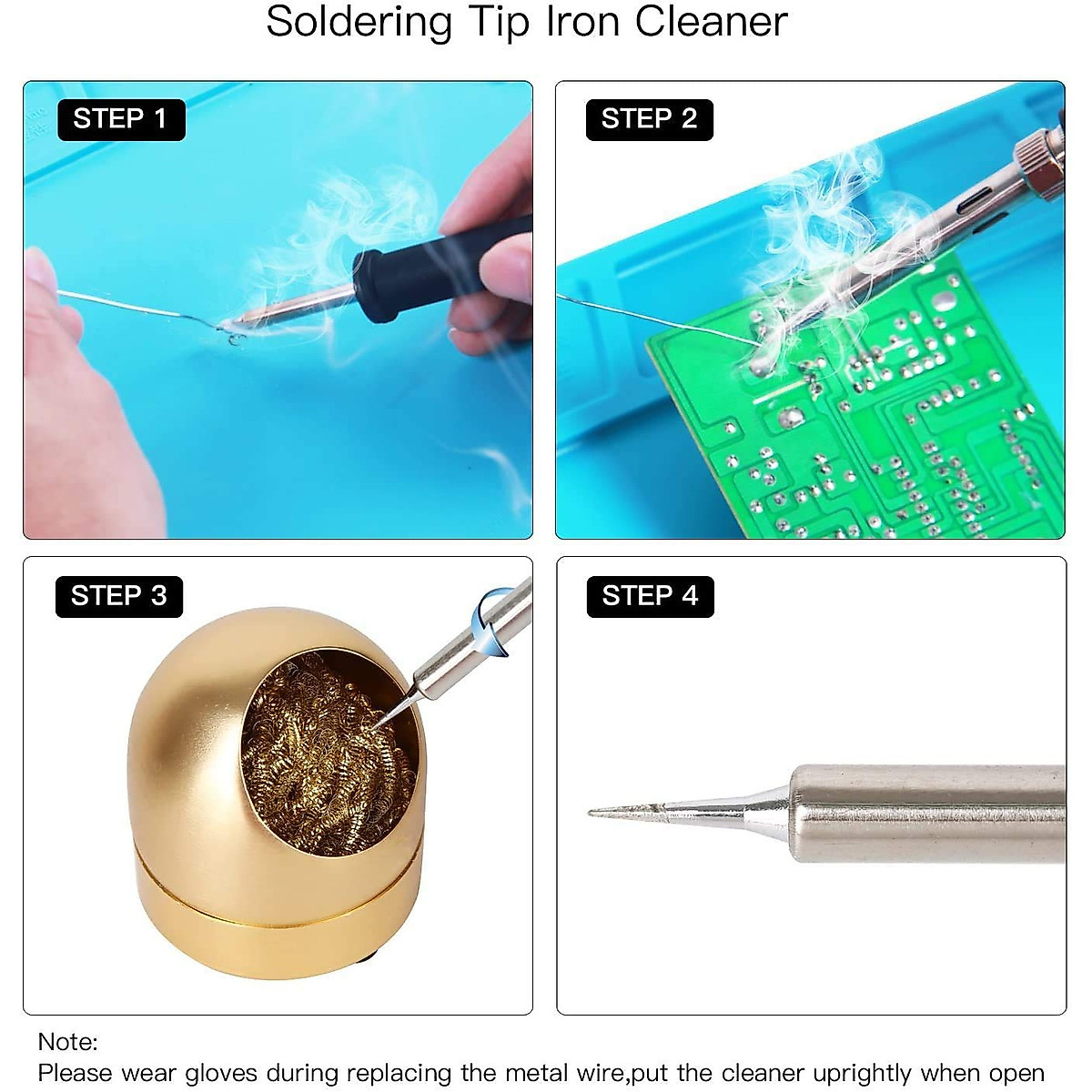 MEKNIC Solder Tip Cleaner Soldering Ion Tip Cleaning Wire and Holder Coiled Brass Sponge Tip Cleaner Kit with 7 PCS Solder Tip Cleaning Wire and 1 PC Holder for Cleaning Soldering Irons and Tips