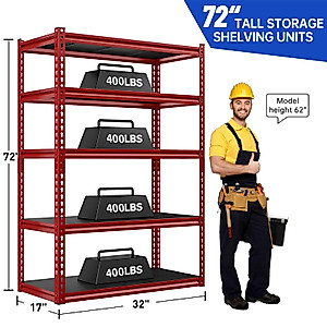 REIBII 72" Garage Shelving 2000 LBS Storage Shelves Heavy Duty Metal Shelving Units Rack Shelf for Garage Pantry,Kitchen, Basement,Red & Black