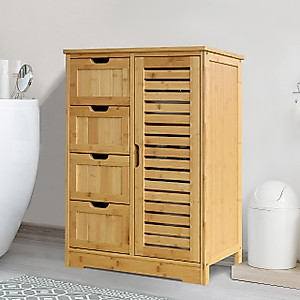 MUPATER Small Storage Cabinet Bamboo with 4 Drawers and 1 Cupboard, Freestanding Compact Floor Cabinet Bamboo for Entryway and Bathroom, Natural