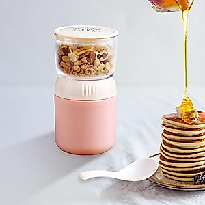 Gralara Lunch Pot Yogurt Container 2 Tier Spoon Portable Detachable Stainless Steel for Milk Salad Soup Yogurt Adults, Pink