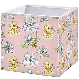 visesunny Closet Baskets Yellow Duck Flower Pink Pattern Storage Bins Fabric Baskets for Organizing Shelves Foldable Storage Cube Bins for Clothes, Toys, Baby Toiletry, Office Supply