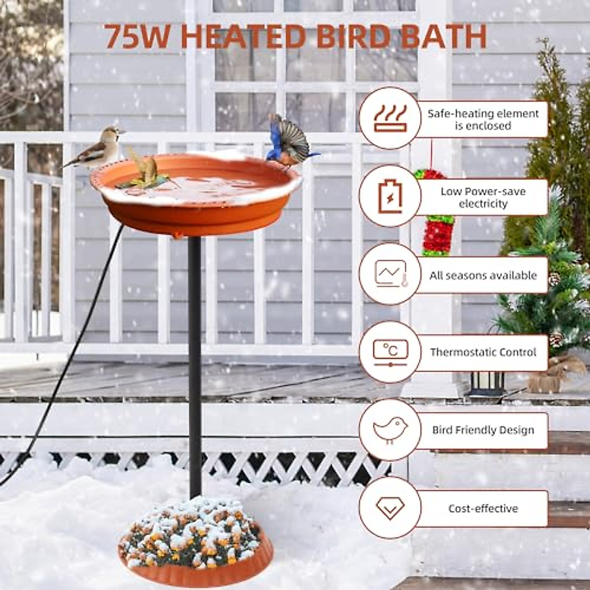 Heated Bird Bath for Outdoors for Winter, 75W Bird Bath Water Heater Bird Bath Deicer,Deep Bowl Thermostatic Control Weather Resistance Stylish Design with Planter Pedestal for All Seasons(Brown)