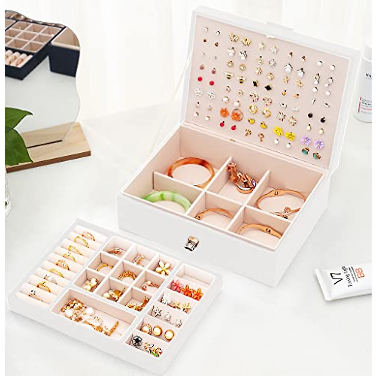 QBestry Stud Earring Organizer for Girls White Jewelry Box for Earrings Necklace Jewelry Organizer Studs,Girls Earring Box for Womens Necklace Holder Rings Organizer Jewelry Earring Storage Box,White