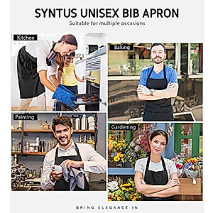 Syntus 4 Pack Adjustable Bib Apron Thicker Version Waterdrop Resistant with 2 Pockets Cooking Kitchen Aprons for Women Men Chef, Black