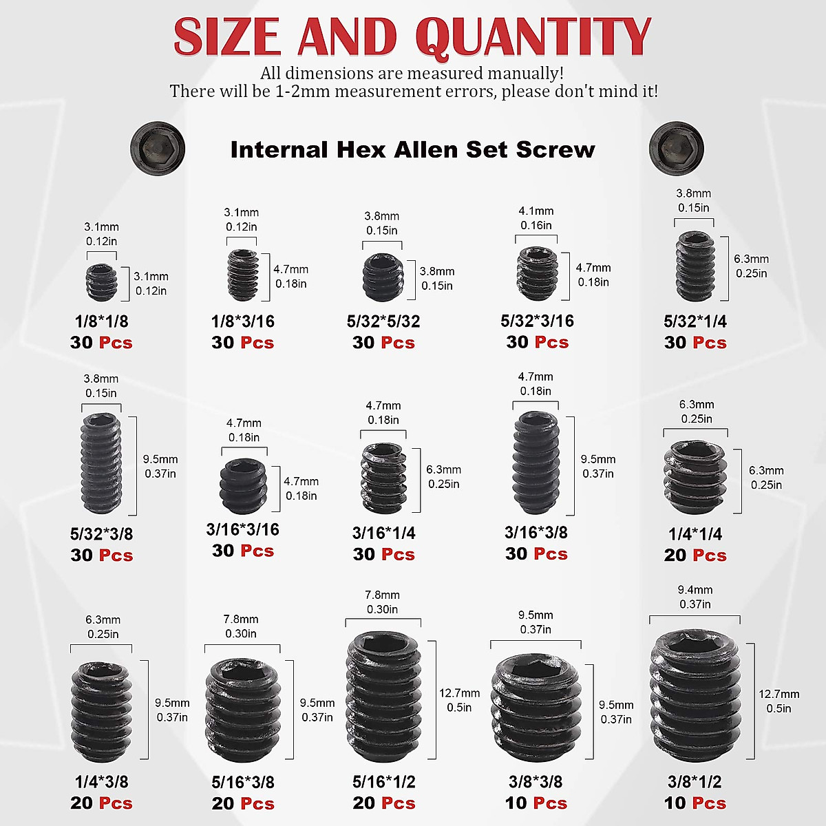Hilitchi 370Pcs Socket Set Screw Assortment in SAE Sizes Internal Hex Drive Cup Point Allen Grub Screws 12.9 Class Black Alloy Steel (15Sizes)