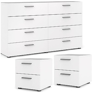 Home Square Scandinavian Look 3 Piece Bedroom Set 8 Drawer Double Dresser and Two Nightstand in White