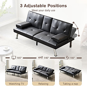 66“ Modern Futon Sofa Bed Couch: Linen Fabric,2 Cup Hodlers,Removable Armrests,Convertible Folding Loveseat Sleeper for Living Room Bedroom Small Space Apartment