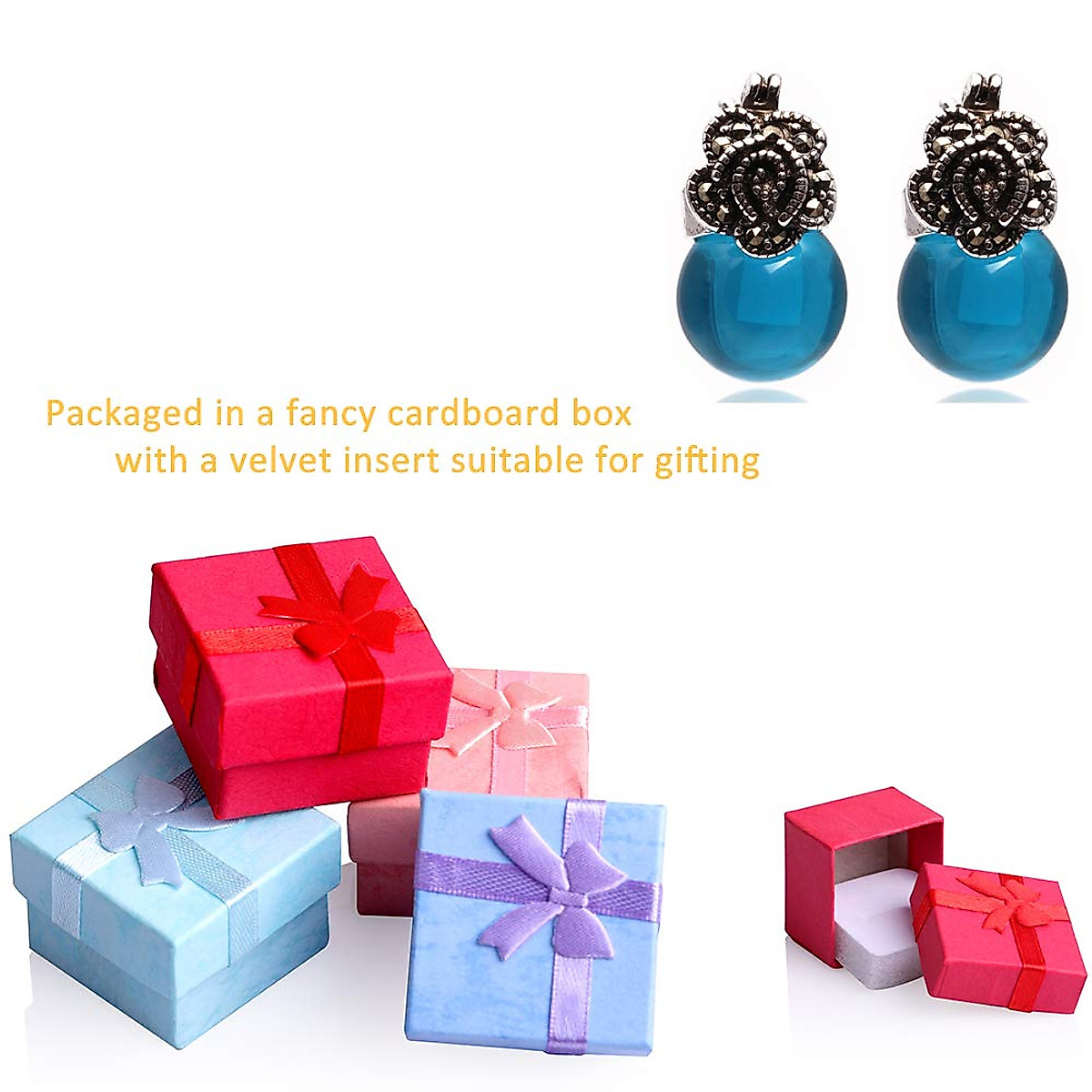 GEM-Inside 12mm Blue Crystal Earrings Round Ball Gemstone Beads Cute Tibetan Silver Marcasite Leverback Jewelry Accessory for Woman