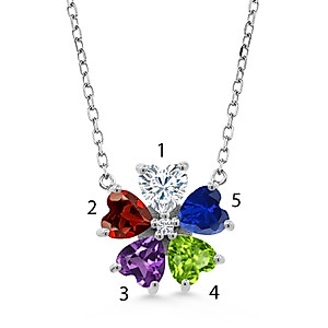 Gem Stone King 925 Sterling Silver Customized and Personalized 5-Stone Heart Shape Gemstone Birthstone and Lab Grown Diamond Necklace For Women With 18 Inch Chain