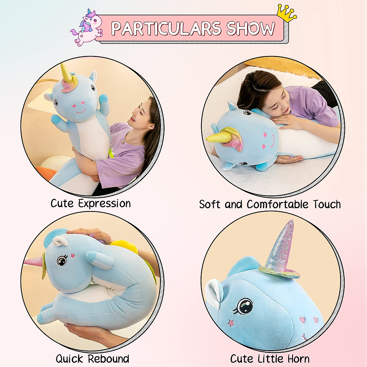 Unicorn Plush Pillow: Soft 27.5" Large Hugging Stuffed Animal Toy for Kids, Girls - Blue (Baby Shower, Birthday, Valentine)
