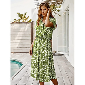 BROVAVE Women's Summer Polka Dot Print Shirt Dress Vintage Short Sleeve Button Down Midi Dress(Army Green, XL)