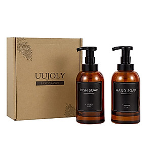 Foaming Hand Soap Dispenser Glass Jar Foam Dish Soap Dispenser for Bathroom and Kitchen Sink, Liquid Pump Bottle for Shampoo, Body Wash, Amber, 2 Pack