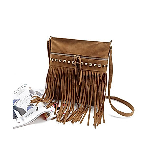 Women Hobo Fringe Crossbody Bag Vintage Small Bohemian Tassel Shoulder Bag Studded Faux Suede Western Hippie Boho Purse (Brown,One Size)