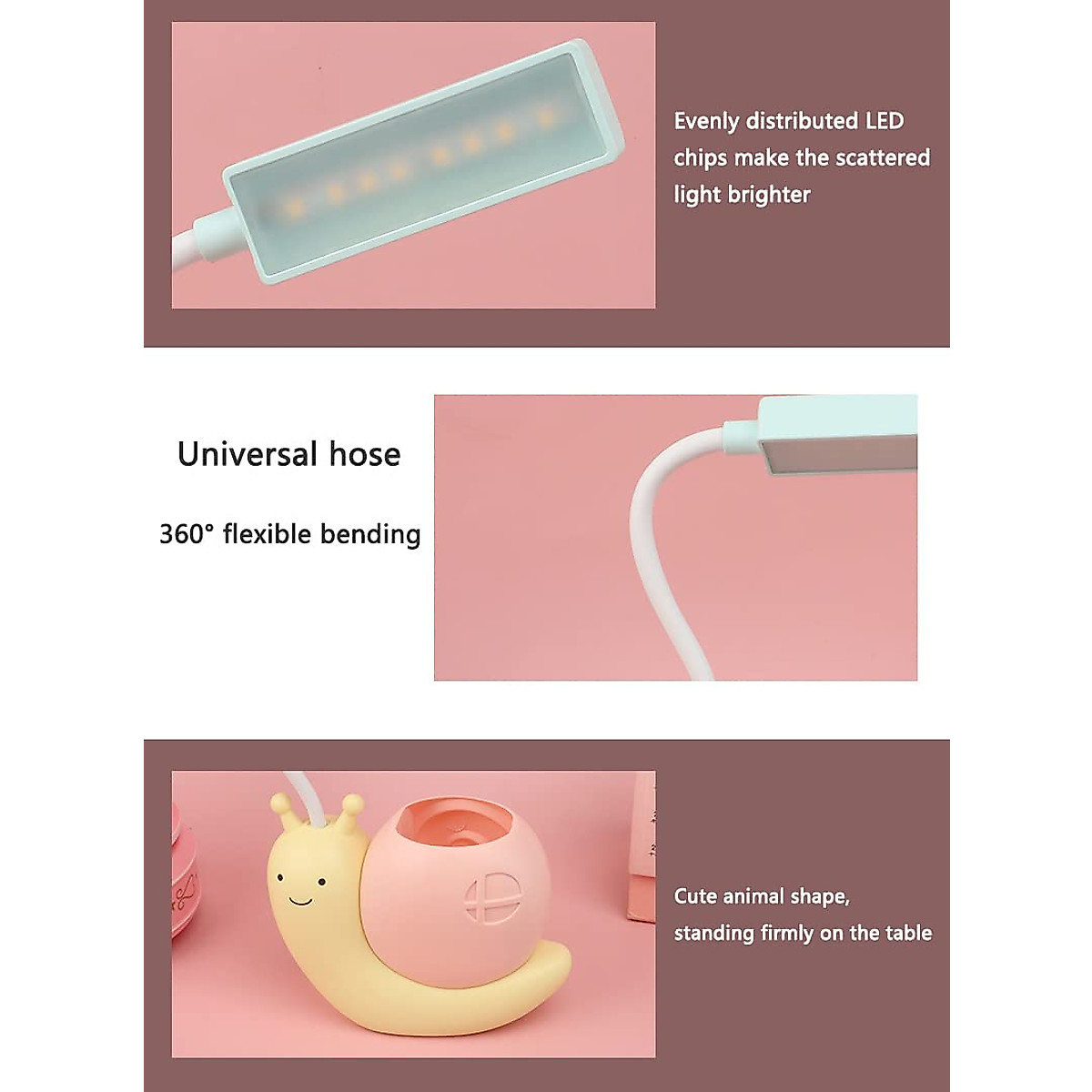 Cute Kids Lamp with Pen Holder,LED Desk Lamp for Child,Snail Shape USB Charging Student Learning Eye Protection Lamp with 360° Bendable Adjustable Neck Yellow