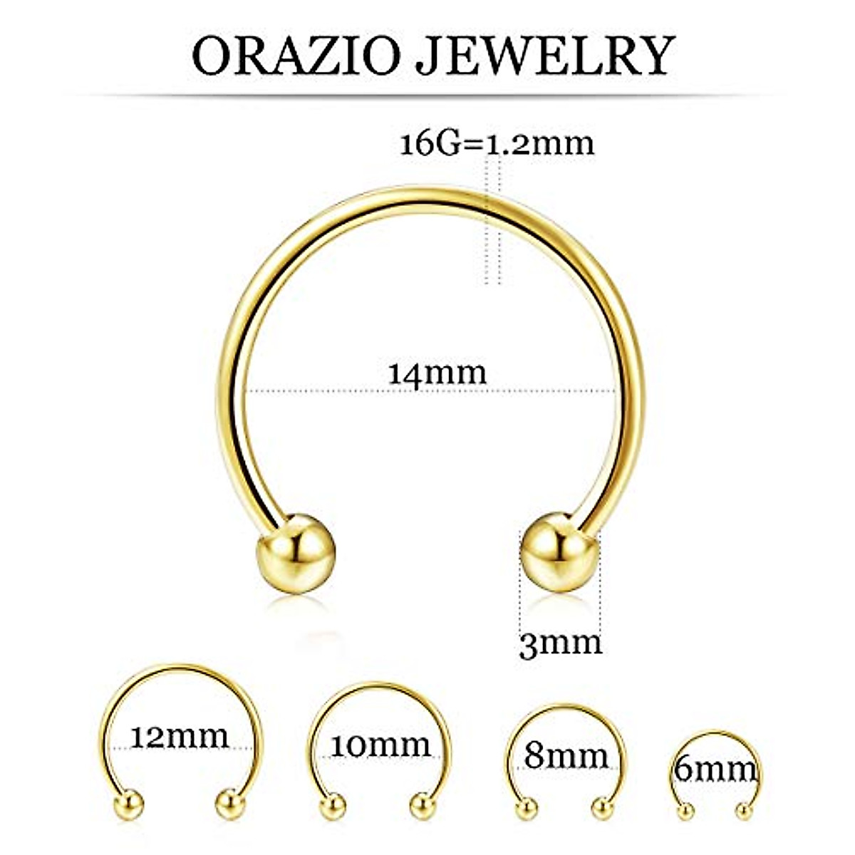 ORAZIO 30PCS 16G Nose Septum Horseshoe Rings Stainless Steel Circular Barbell Cartilage Tragus Helix Eyebrow Lip Labret Nipple Ear Piercing Body Jewelry 6mm 8mm 10mm 12mm 14mm