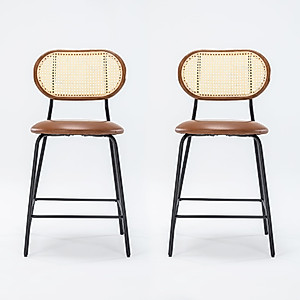 LUE BONA Faux Leather Bar Stools Set of 4,Rattan and Wood Backrest with Metal Legs，Modern Upholstered Round seat Chair Counter Height Barstools for Home Office Restaurants,24",Red Brown