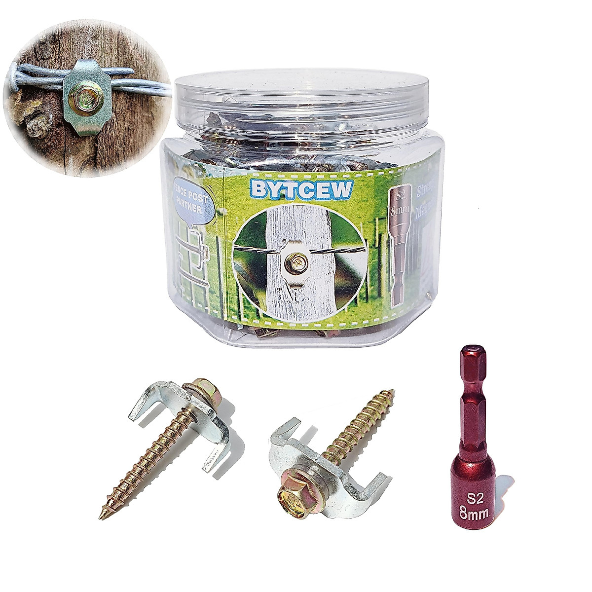 Bytcew Wire Wood Fencing Fasteners Staple, 60 Pcs Fence Nails Clips Post Screw for Wire Mesh and Woven Fencing, Quickly Install with Power Drill