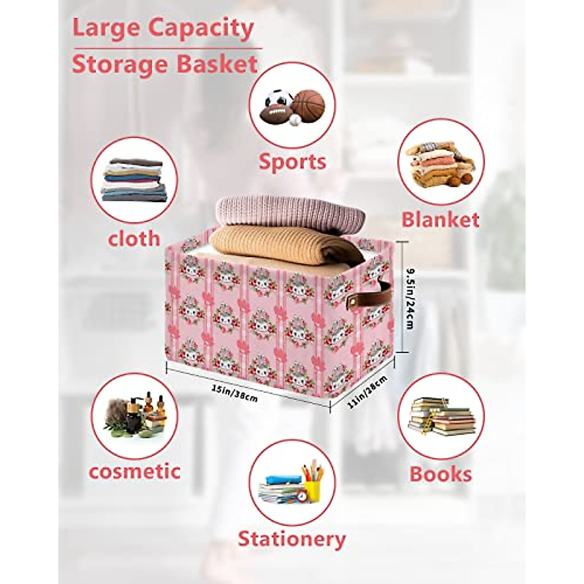 Bunny Large Storage Baskets Bins Easter Rabbits Spring Pink Flower Plant Leaves Collapsible Storage Box Laundry Organizer for Closet Shelf Nursery Kids Bedroom （1pc)