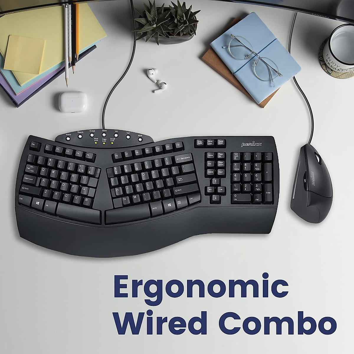 Perixx PERIDUO-512B US, Wired Ergonomic Keyboard and Vertical Mouse Combo - USB - Black - US English