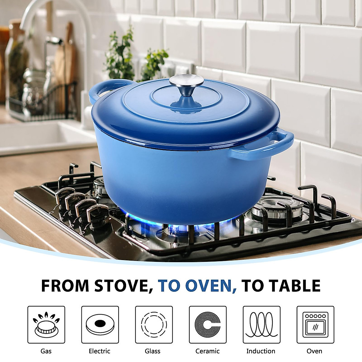 E-far 6 Quart Enameled Cast Iron Dutch Oven with Lid, Round Dutch Oven Pot Nonstick Cookware for Braising, Stews, Roasting, Bread Baking, Cooking, Heavy Duty, Induction & Oven Safe - Blue