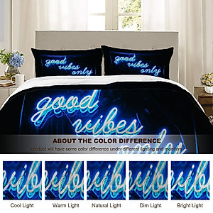 BaoNews Blue Neon Signage Duvet Cover Set Full Size,3 Pieces Good Vibes Only Words Blue Neon Bedding Set Hotel Quality 100% Cotton Comforter Cover Set with 2 Pillowcases(No Filler)