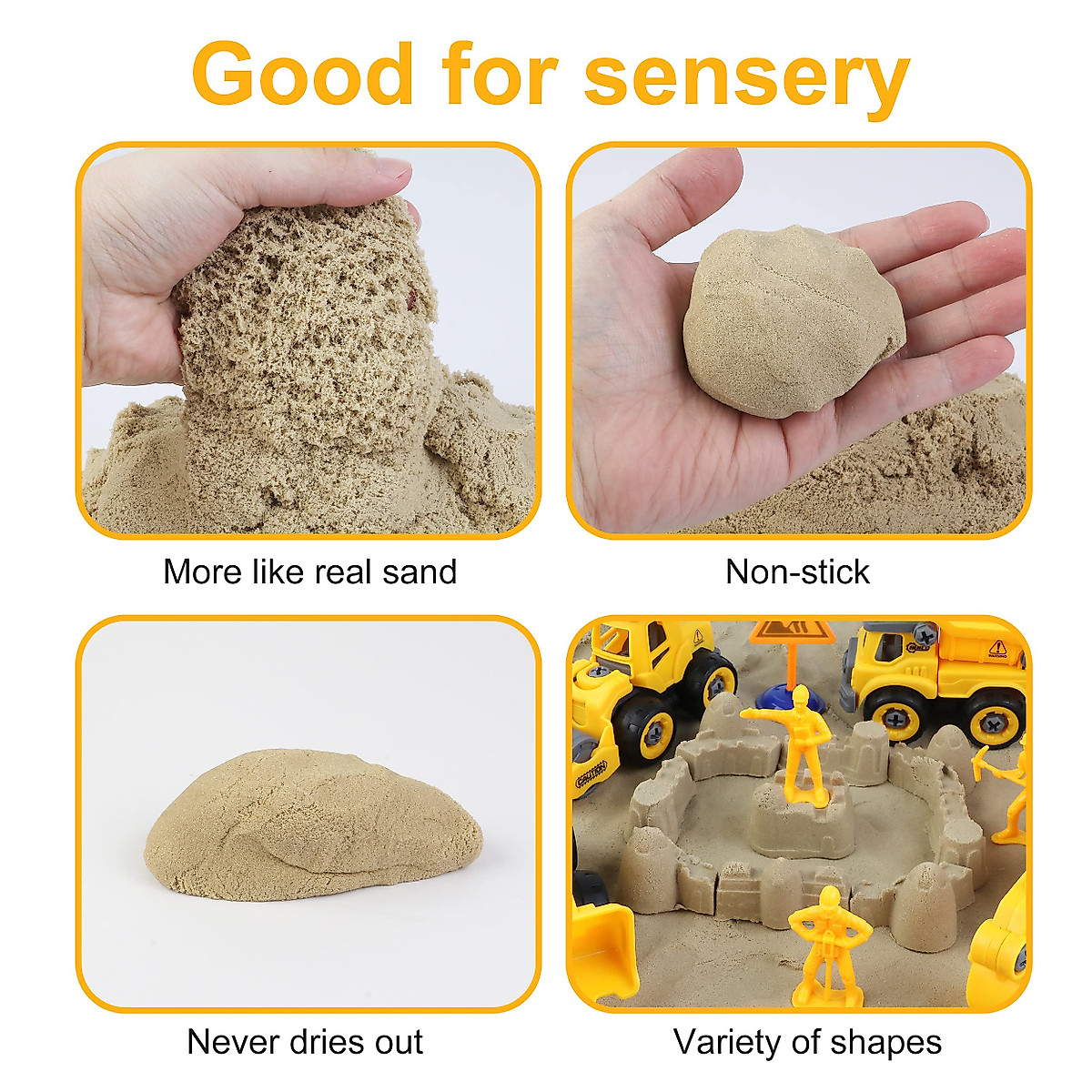 WICOTOO Sand Construction Kit,Sandbox,2.2lbs Magic Sand W/4 Take Apart Construction Trucks,Tower Crane,8 Sand Molds,4 Worker Figures,4 Road Signs,Toys for Boys Girls Age 4-8 Yellow,Brown