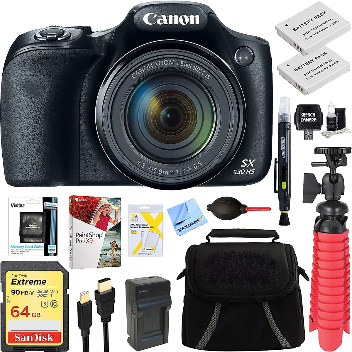 Canon PowerShot SX530 HS 16.0 MP 50x Optical Zoom Digital Camera (Black) + Two-Pack NB-6L Spare Batteries + Accessory Bundle (Renewed)