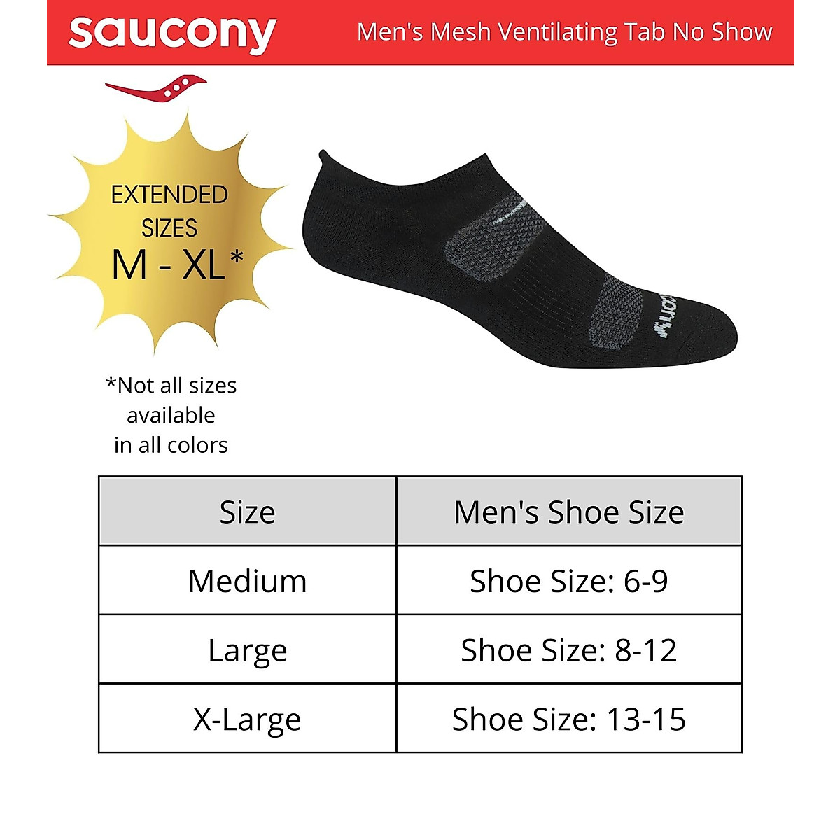 Saucony Men's Mesh Ventilating Comfort Fit Performance Tab Socks, 6/12, M-XL, Black (6 Pairs), Large
