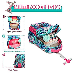 Oruiji Mermaid Rolling Backpack for Girls Backpack with Wheels Kids Wheeled School Backpack with Lunch Bag Trolley Luggage Suitcase for Girls 8-12
